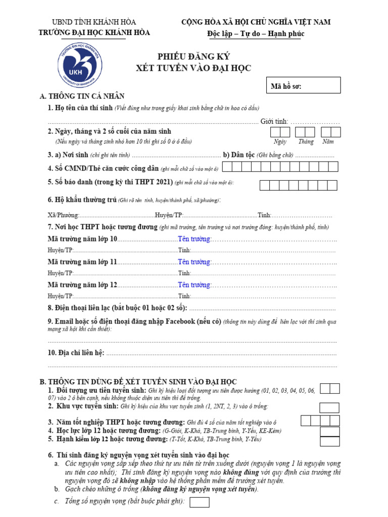 Phieu Dang Ky Xet Tuyen 2021 | PDF