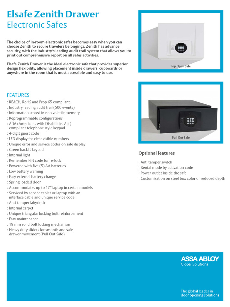 Elsafe Zenith Drawer Safe Features | PDF | Usb | Laptop