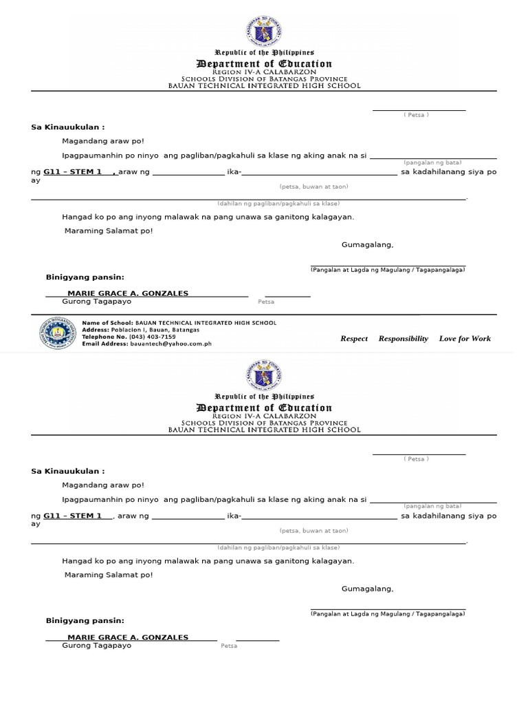 Excuse Letter G11 | PDF