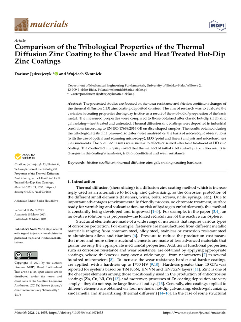 Comparison of The Tribological Properties of The Thermal Diffusion Zinc ...