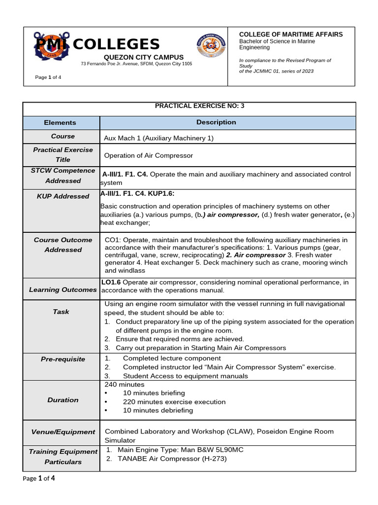 E3 Operation of Air Compressors | PDF | Engines | Electric Generator