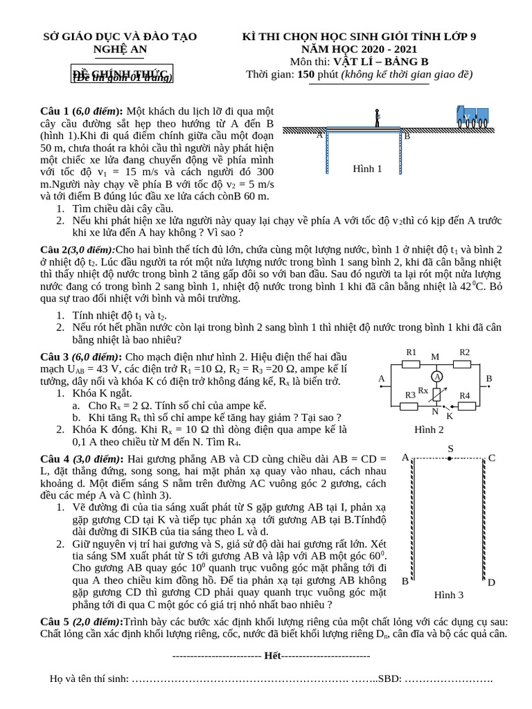 De Thi HSG Vat Ly 9 Tinh Nghe An Nam Hoc 2020 2021 | PDF