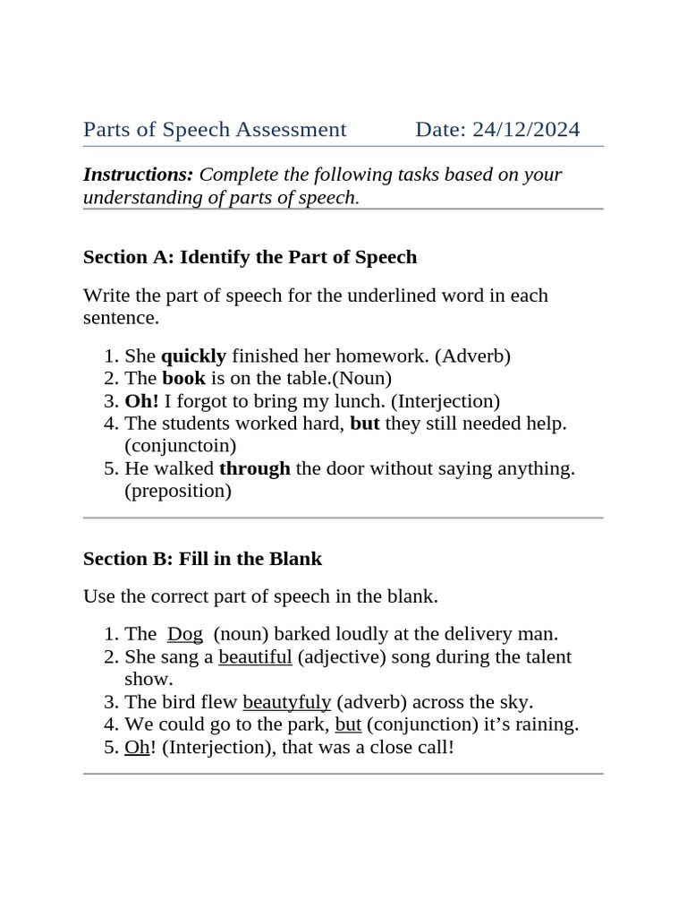 Parts of Speech Assessment(1) | PDF