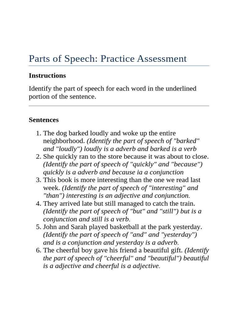Parts of Speech - Practice Assessment | PDF | Part Of Speech | Adverb