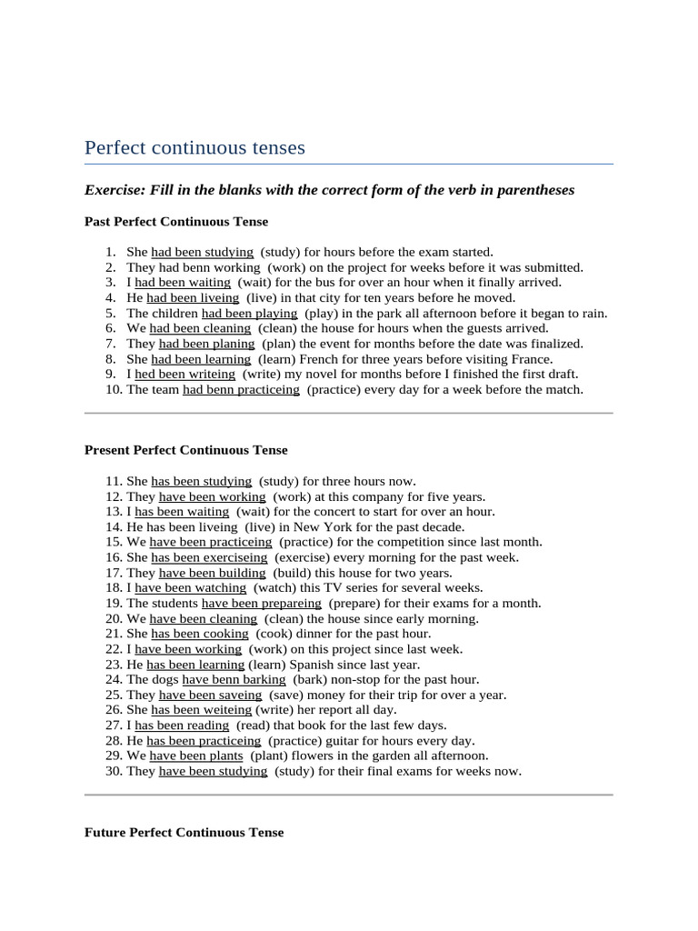 Perfect Continuous Tenses - Exercise(1) | PDF