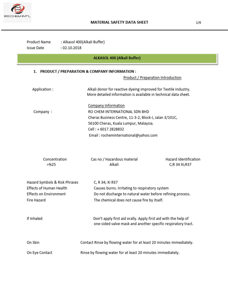 MSDS OF ALKASOL 400 UPDATE | PDF | Water | Fires