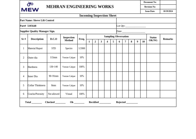 10-Incoming Ispection Sheet | PDF