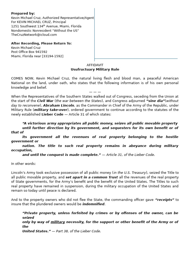 AFFIDAVIT Usufructory Military Rule | PDF | Property | Notary Public