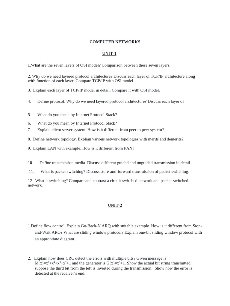 COMPUTER NETWORKS unitwise important questions | PDF | Computer Network ... COMPUTER NETWORKS unitwise important questions | PDF | Computer Network ...