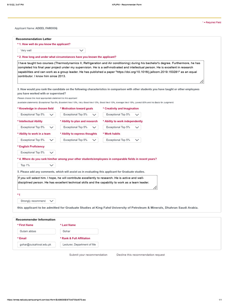 KFUPM - Recommender Form | PDF | Behavior Modification | Cognition