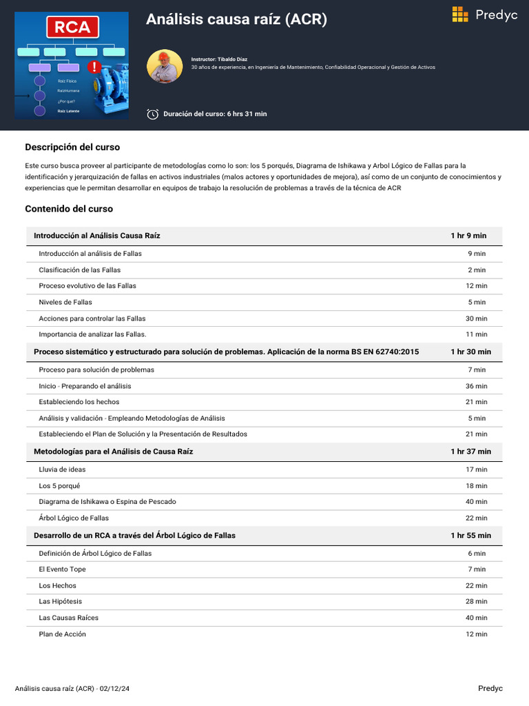 Ficha Tecnica Curso Analisis Causa Raiz Acr | PDF