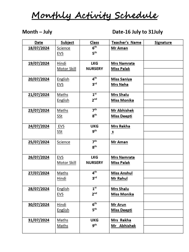 Monthly Activity Schedule | PDF