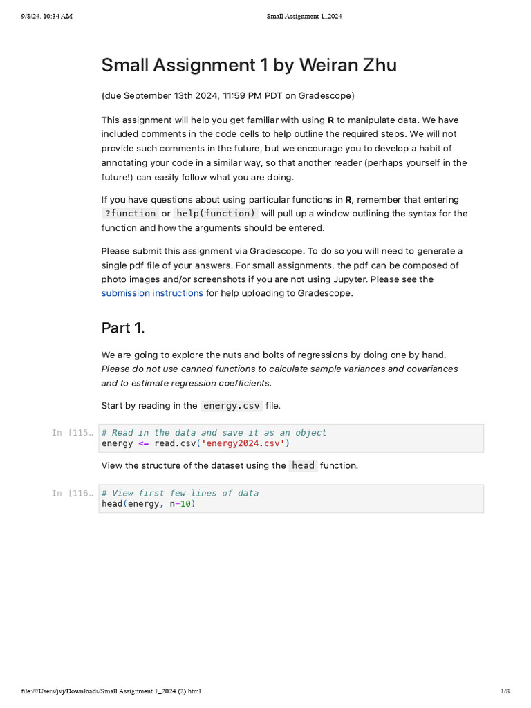 Small Assignment 1_2024 | PDF | Regression Analysis | Covariance