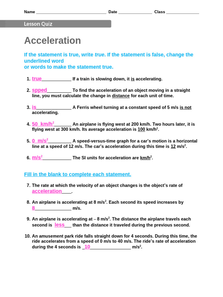 Gr7-Les1.3 Solved Sheet Acceleration | PDF