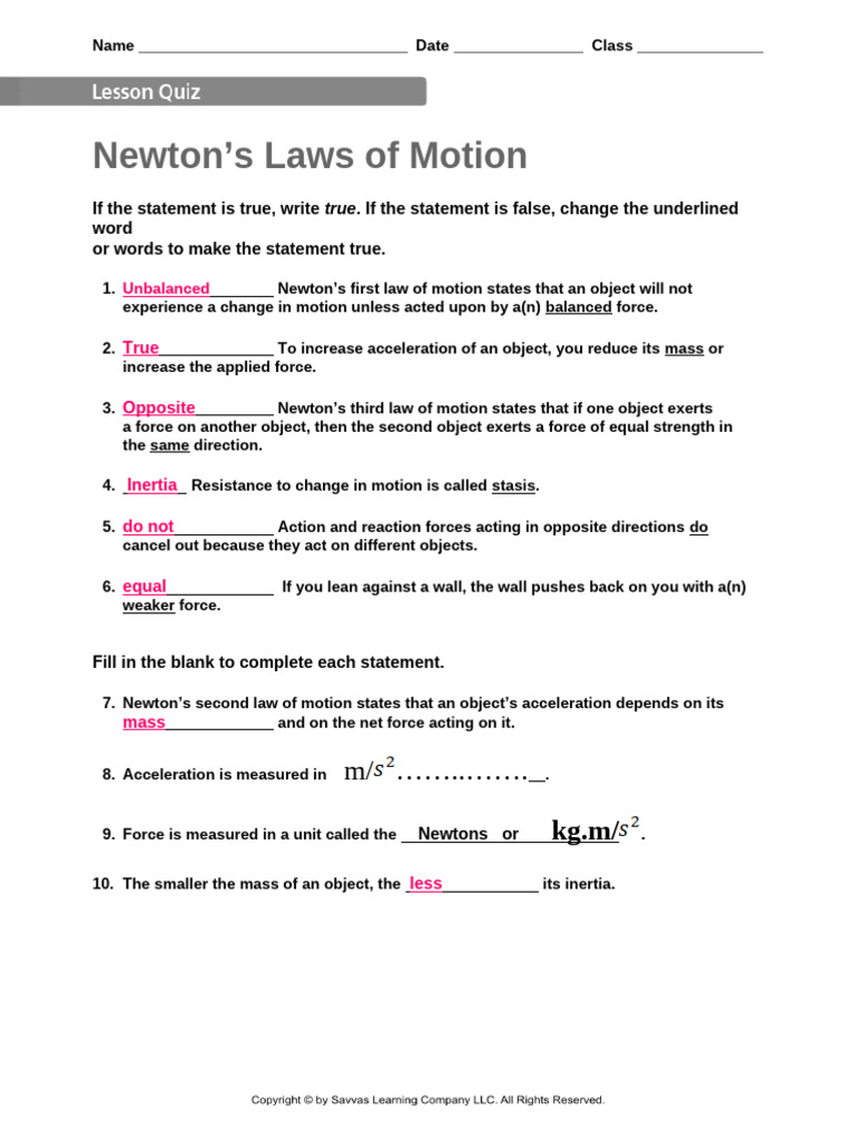 Solved Work Sheet Lesson 2.3 Newton’s Laws of Motion | PDF | Force ...