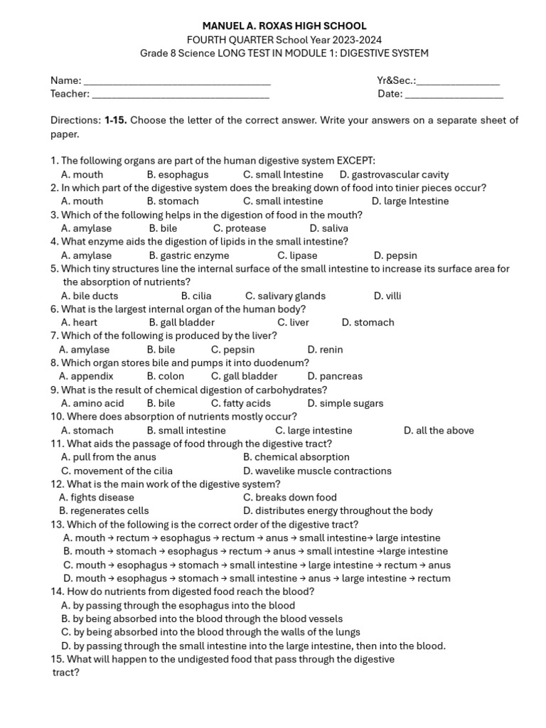 Grade 8 Digestive System Test | PDF | Digestion | Human Digestive System