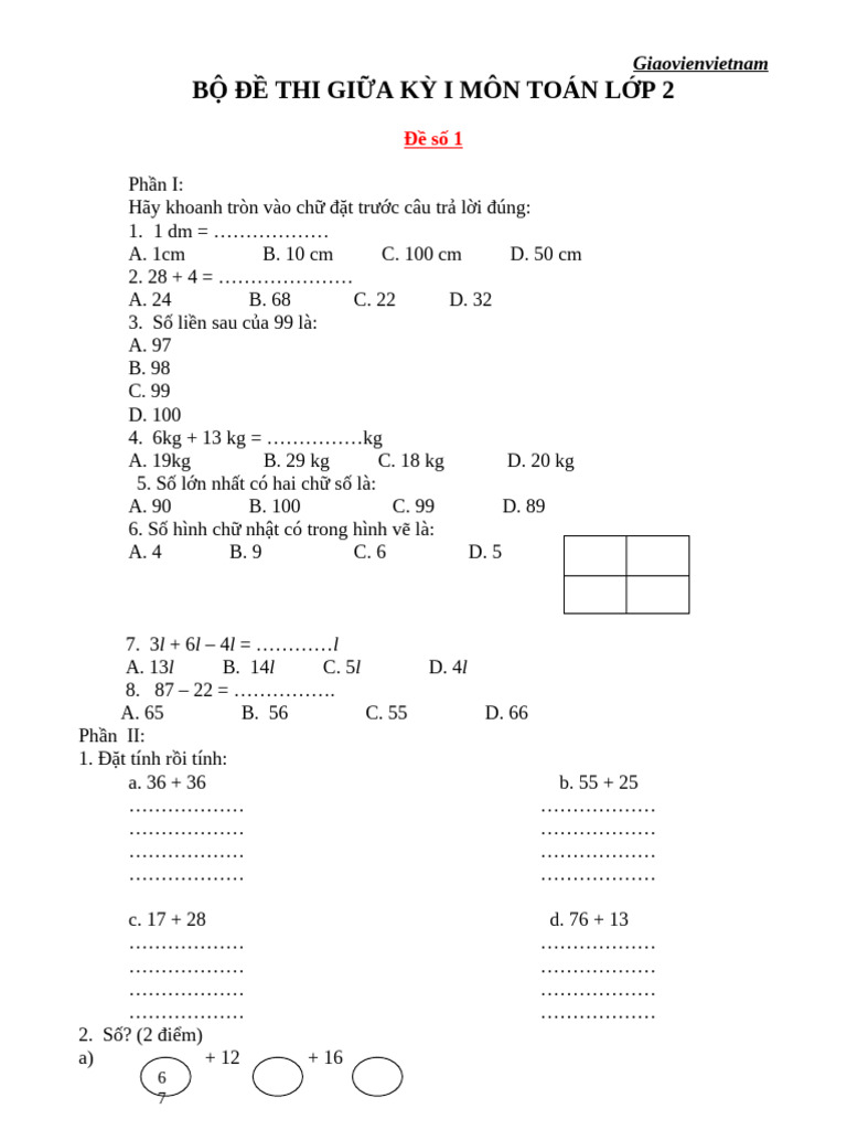 Bo de Thi Giua Hoc Ki 1 Lop 2 Mon Toan | PDF