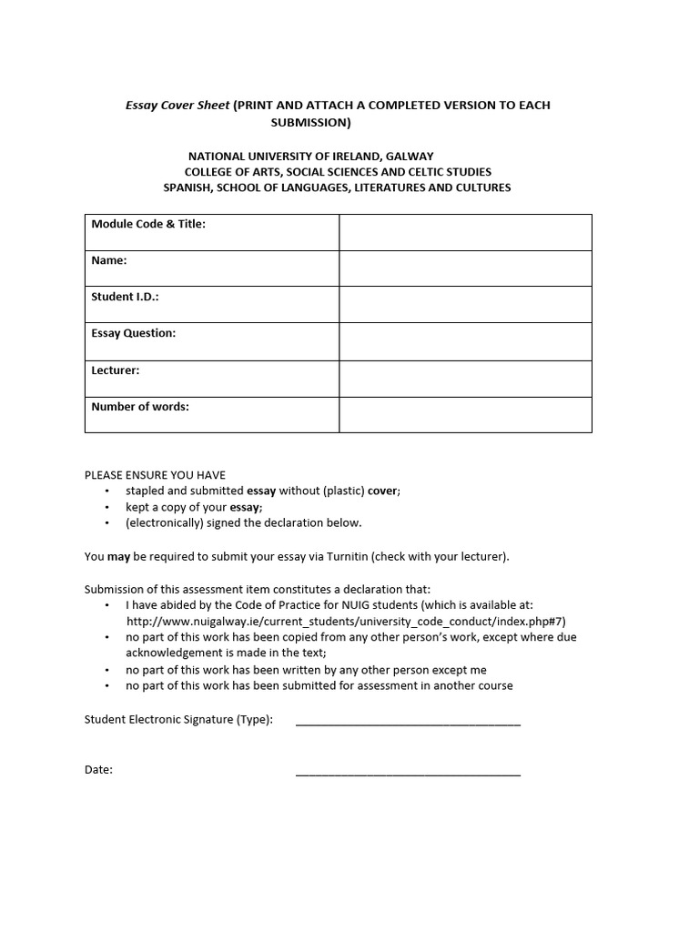 Essay Cover Sheet for NUIG Submissions | PDF