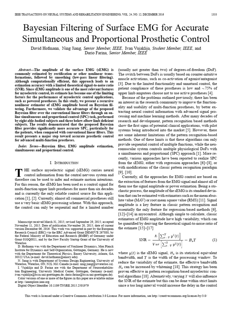Bayesian Filtering of Surface EMG for Accurate Simultaneous and Proportional Prosthetic Control ...