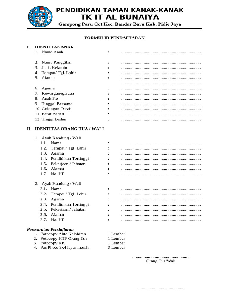 Formulir Daftar TK IT Al Bunaiya | PDF