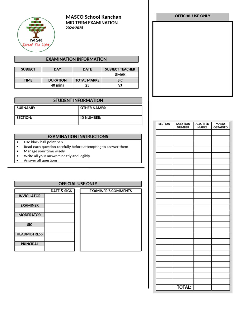 MASCO School Mid Term Exam 2024 | PDF