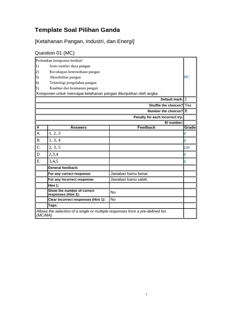 Template Soal Pilihan Ganda Ketahanan Pangan, Industri, Energi | PDF