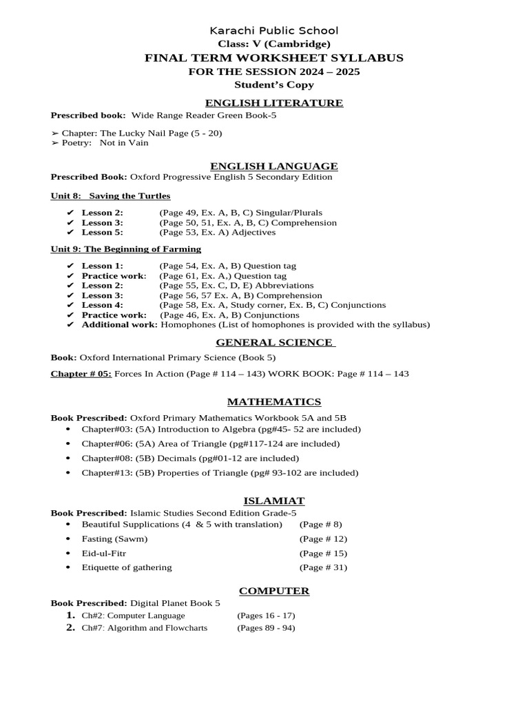 Cl. V F.T Student Copy WORKSHEET SYLLABUS 24-25 | PDF | Linguistics