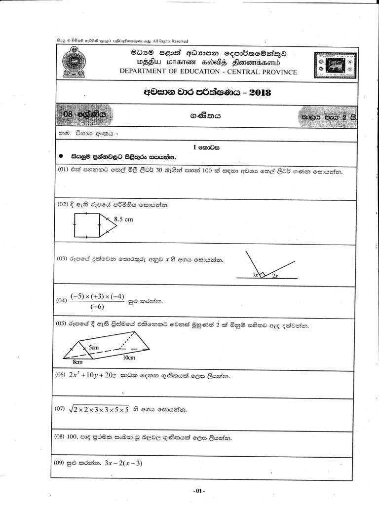 2018 Grade 08 Mathematics Third Term Test Paper Central Province | PDF