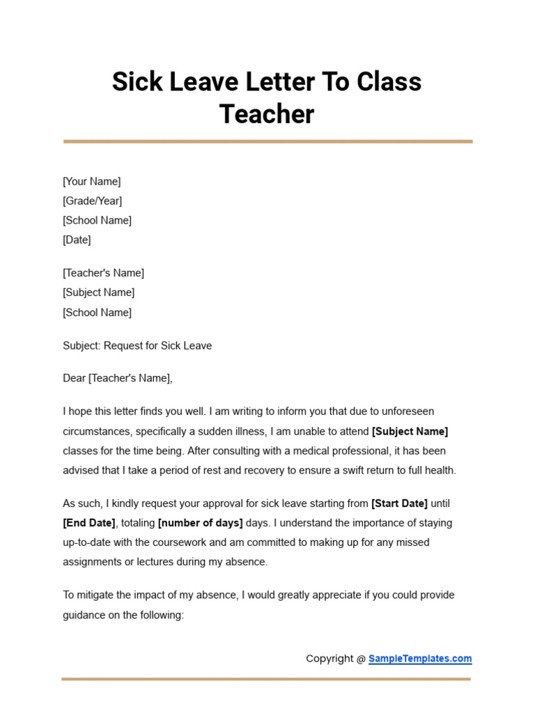 Sick Leave Letter To Class Teacher | PDF