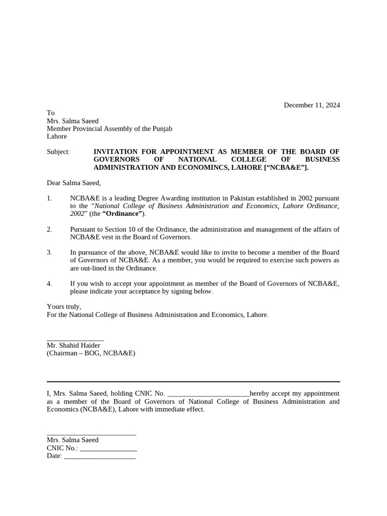 Appointment - BOG - Mrs. Salma Saeed | PDF