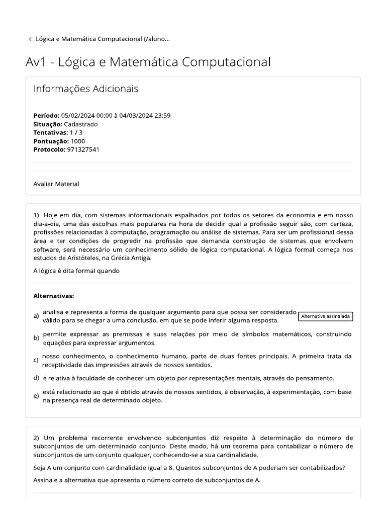 Logica e Matematica Computacional - Ava 01 | PDF