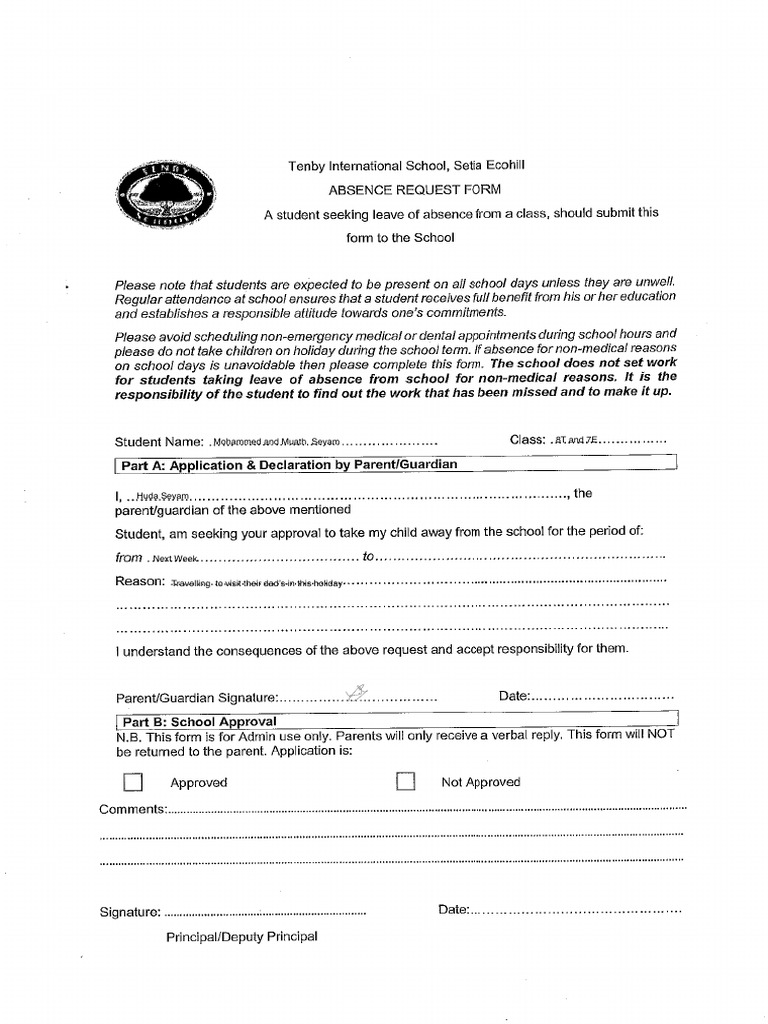 Student Absent Request Form | PDF