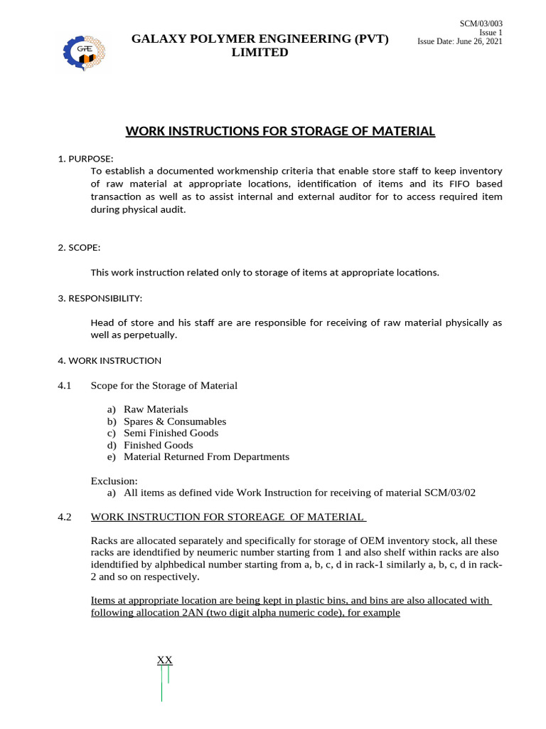 Work Instruction For Storage of Material | PDF