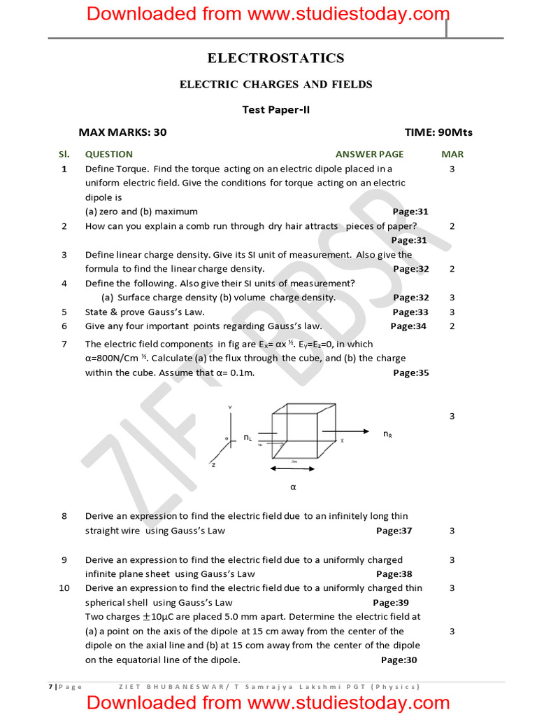 Class 12 Electrostatics Test Paper | PDF | Electric Field ...