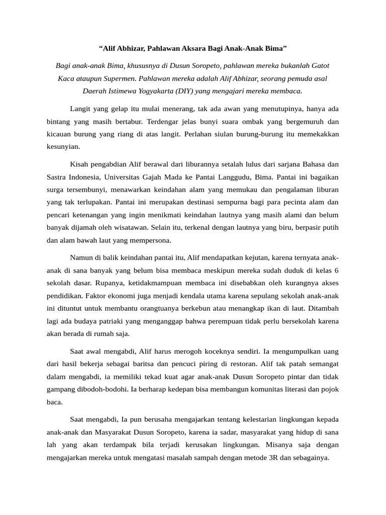 Gilang Fazlur Rahman - Alif Abhizar, Pahlawan Aksara Bagi Anak-Anak Bima - Amman | PDF