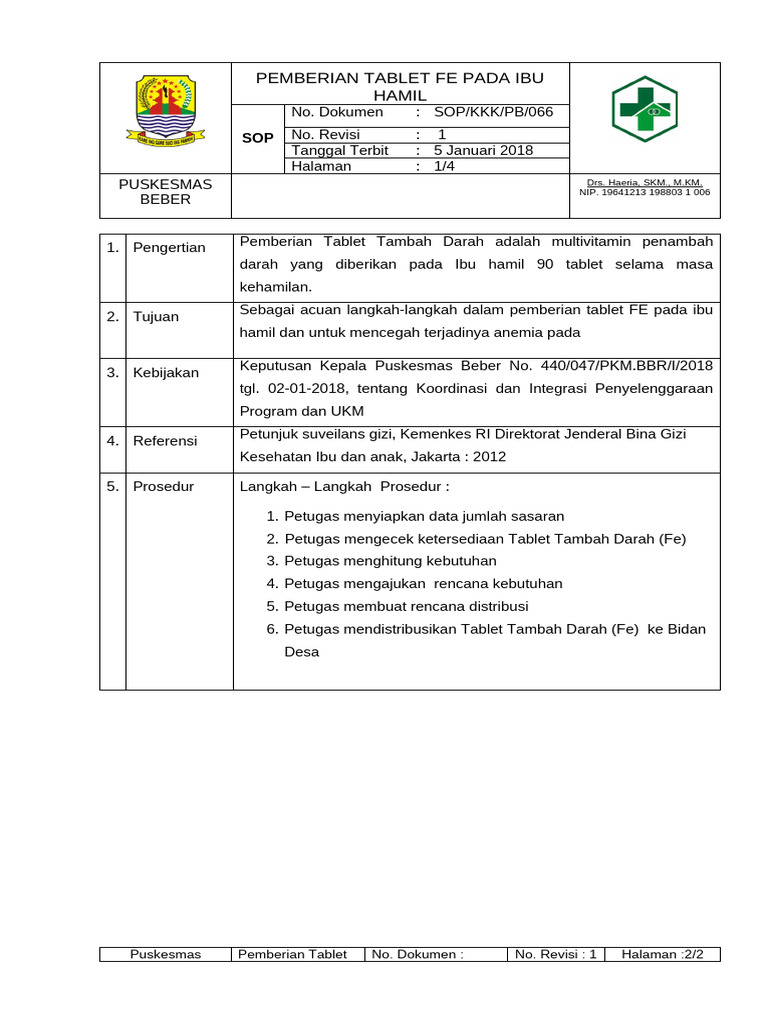 Sop Pemberian Tablet Fe Pada Ibu Hamil | PDF