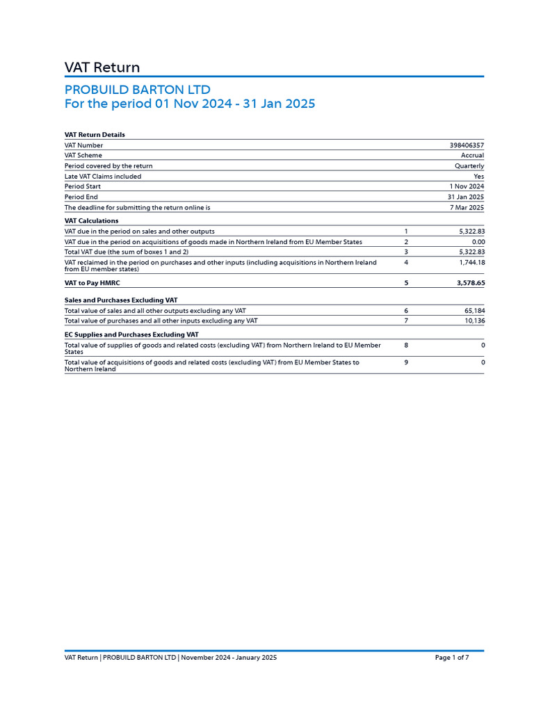 Probuild Barton LTD - Vat Return | PDF | Value Added Tax | Government Finances