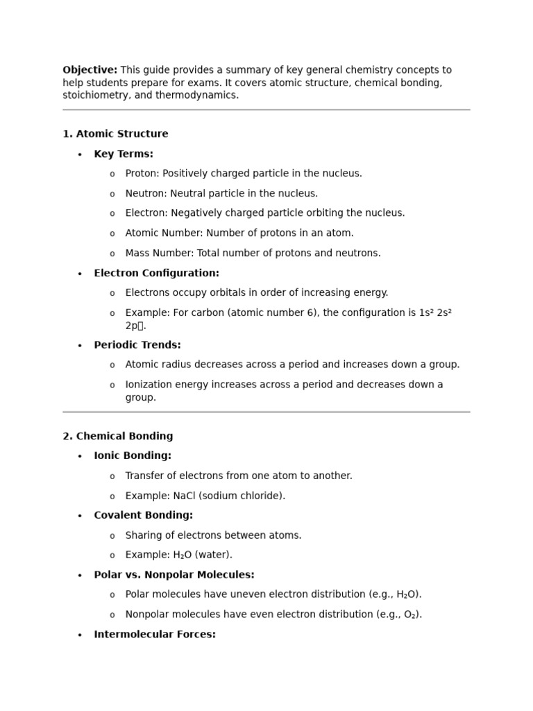 Exam Prep General Chemistry Concepts | PDF | Chemistry | Atoms