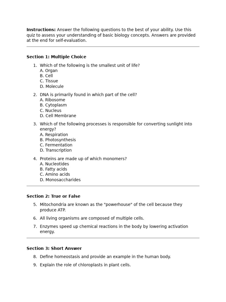 Basic Biology Quiz and Answers | PDF