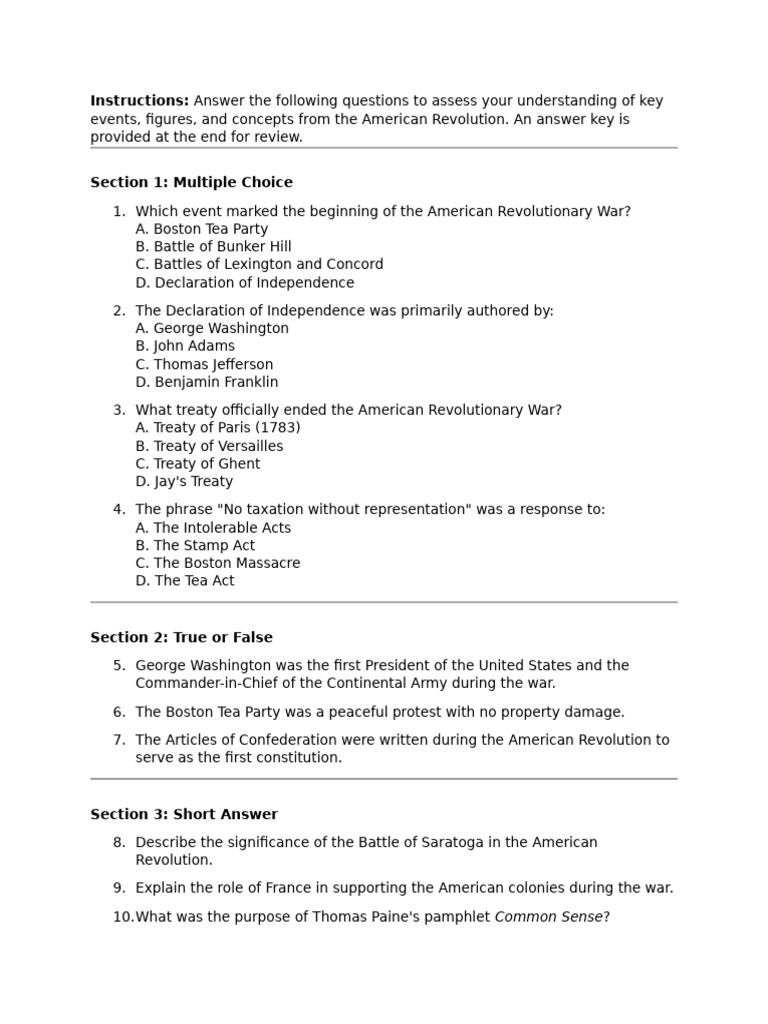 Practice Quiz US History (American Revolution) | PDF