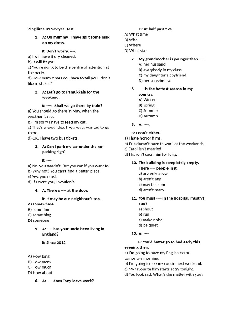 B1 English Level Test Questions | PDF