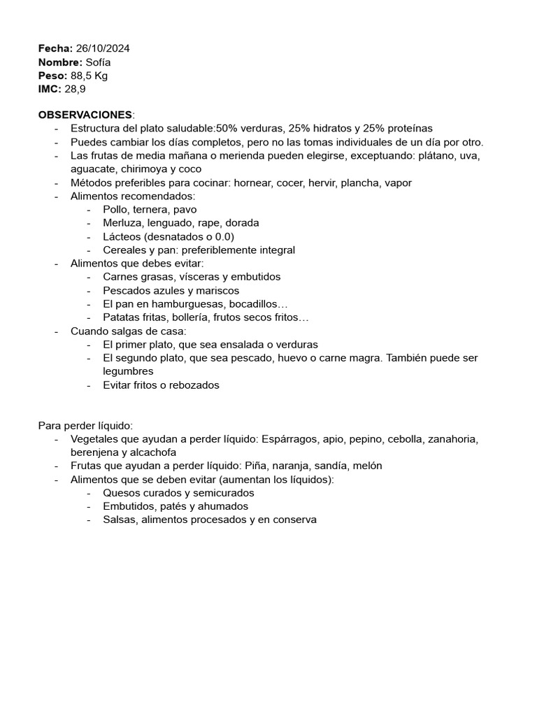 Menú Sofía 1 | PDF | ensalada | Vegetales