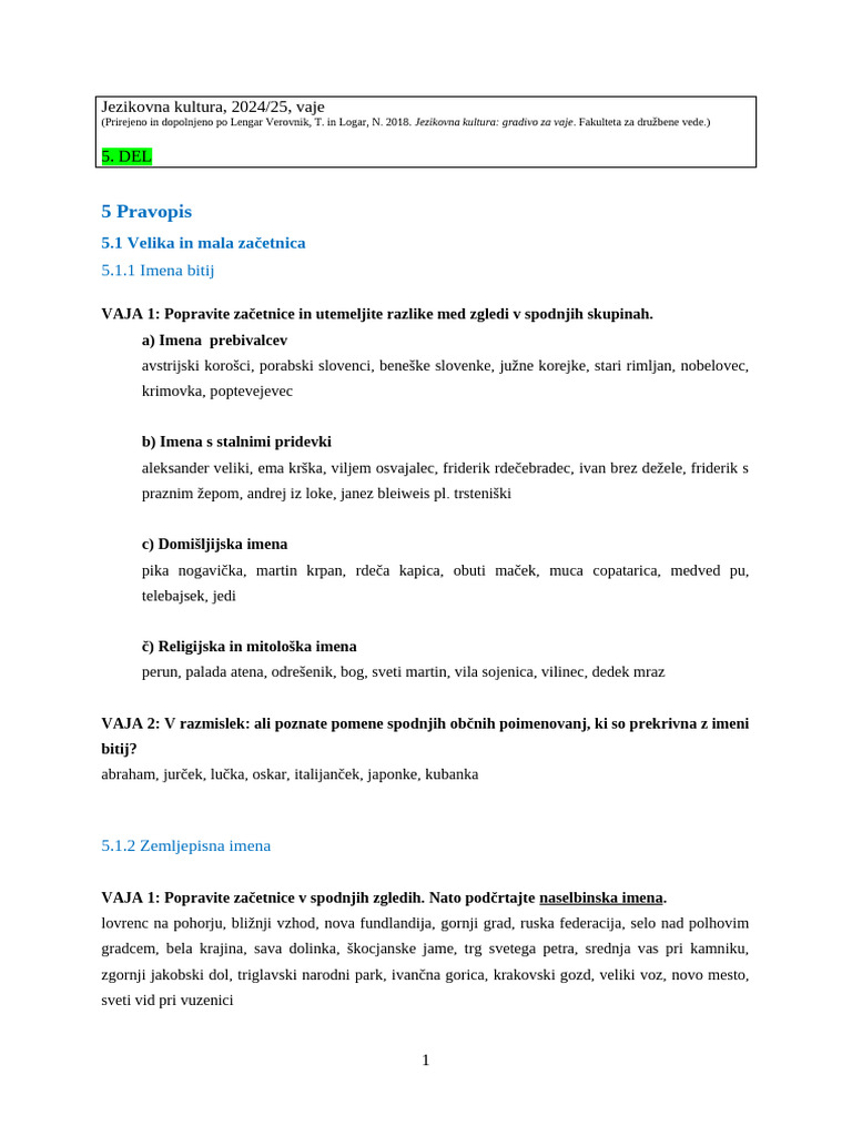 JK Zbirka Vaj 5. Del Dodatne Prav.-slov. VAJE | PDF