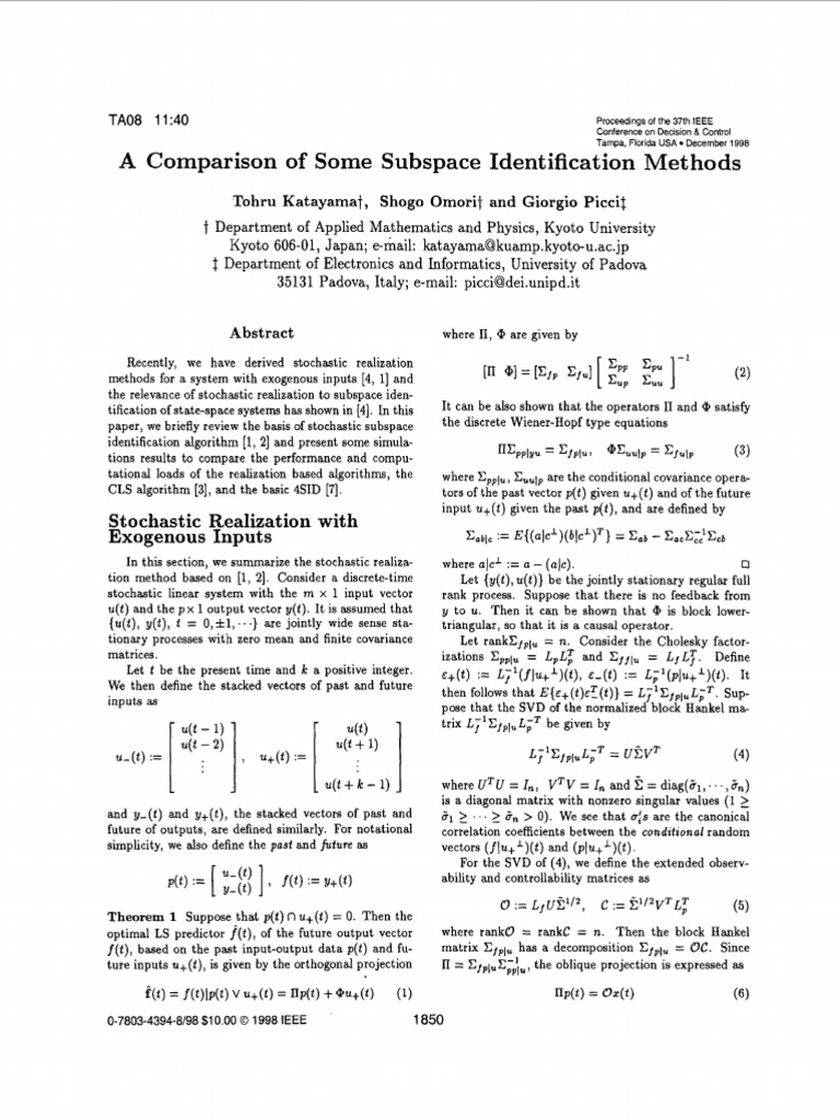 A comparison of some subspace identification methods | PDF | Matrix (Mathematics) | Mathematical ...