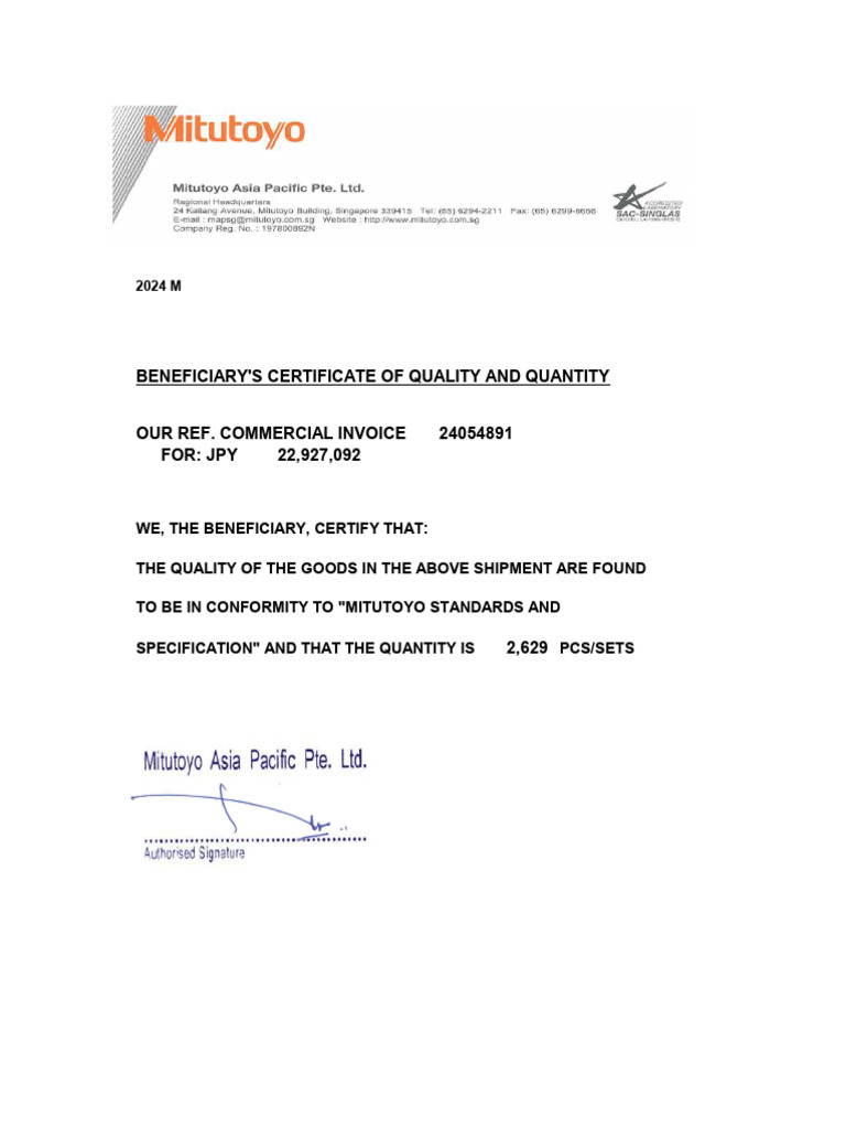 Beneficiary'S Certificate of Quality and Quantity: Ay 28th | PDF | Length