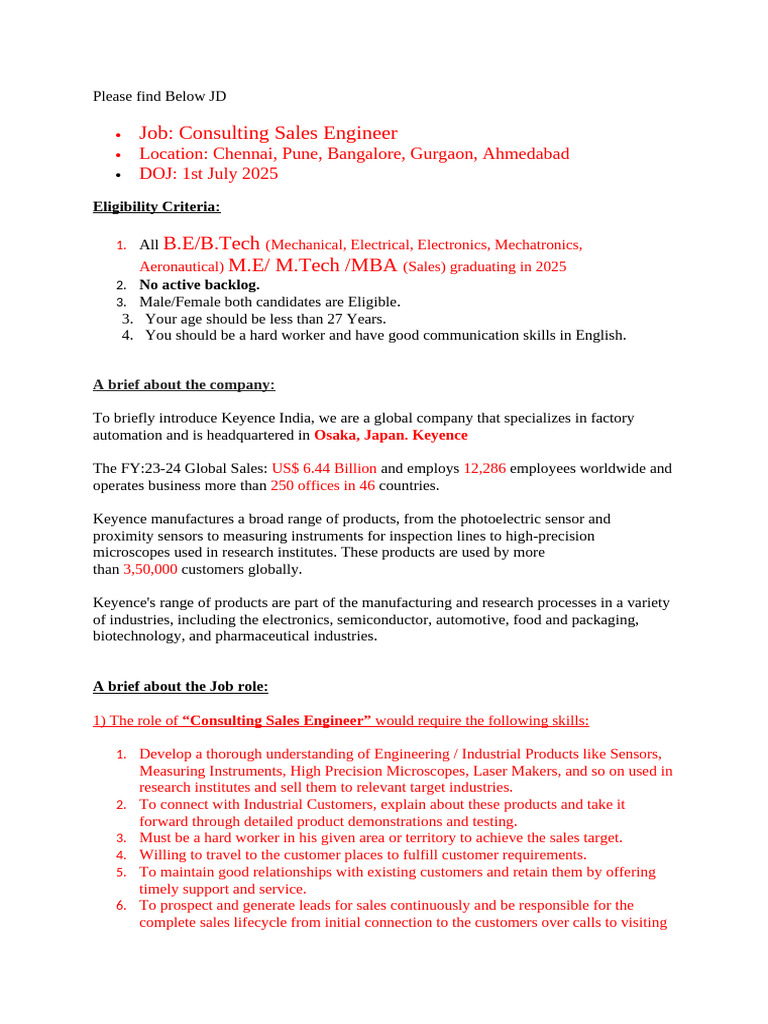 Keyence India: Consulting Sales Engineer JD | PDF | Employee Benefits ...