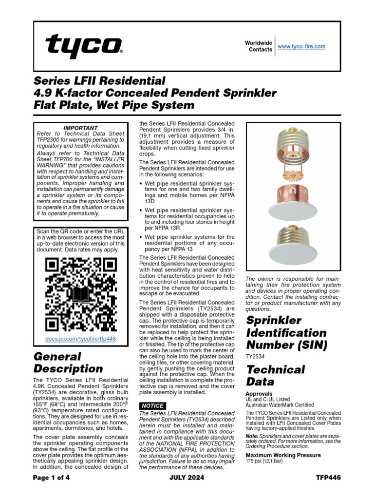 TYCO Concealed Pendent Flat Product Data Sheet | PDF | Fire Sprinkler ...