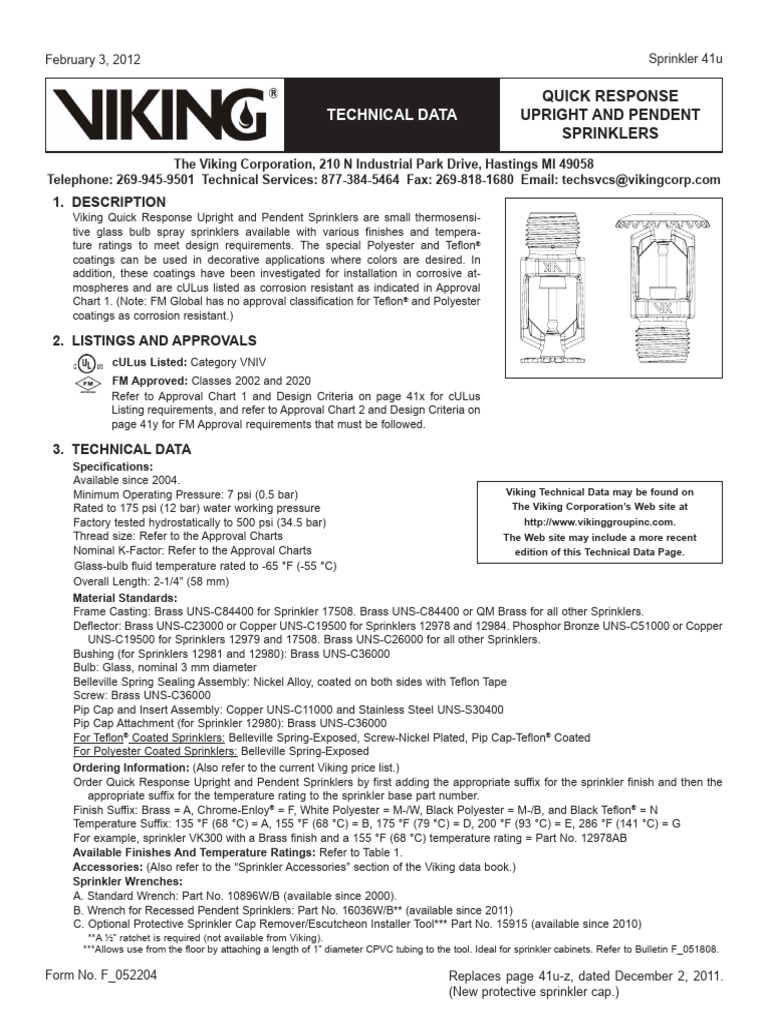 Viking-Quick Response Sprinkler Data Sheet | PDF | Fire Sprinkler ...