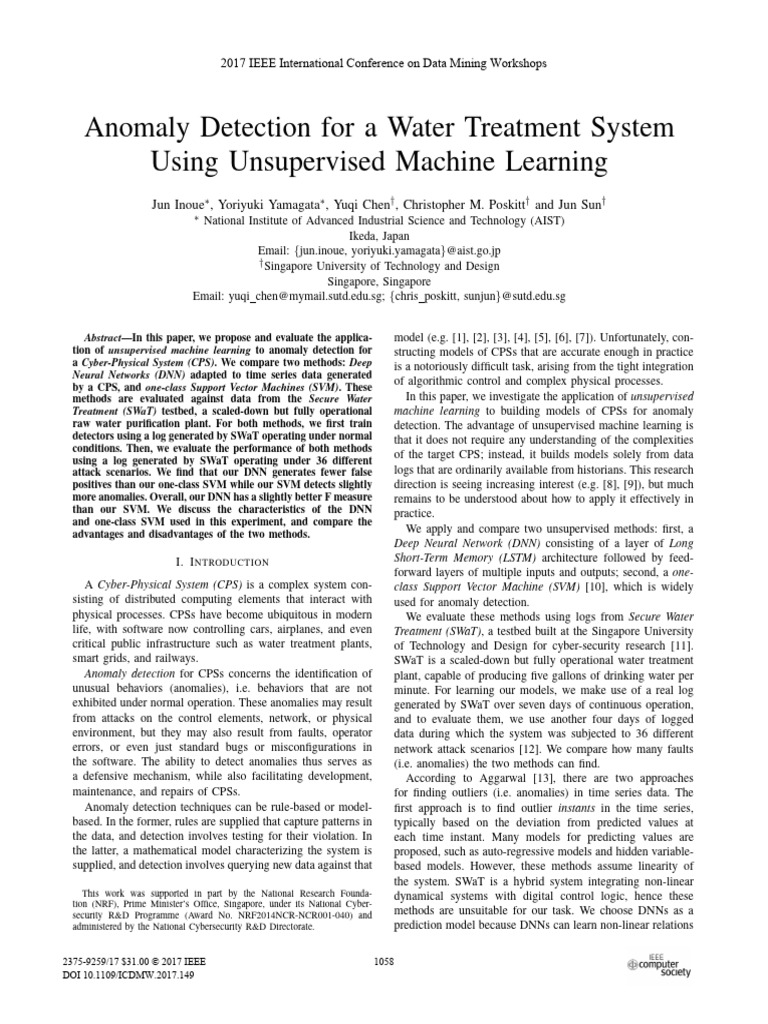 Anomaly Detection For A Water Treatment System Using Unsupervised Machine Learning | PDF | Deep ...