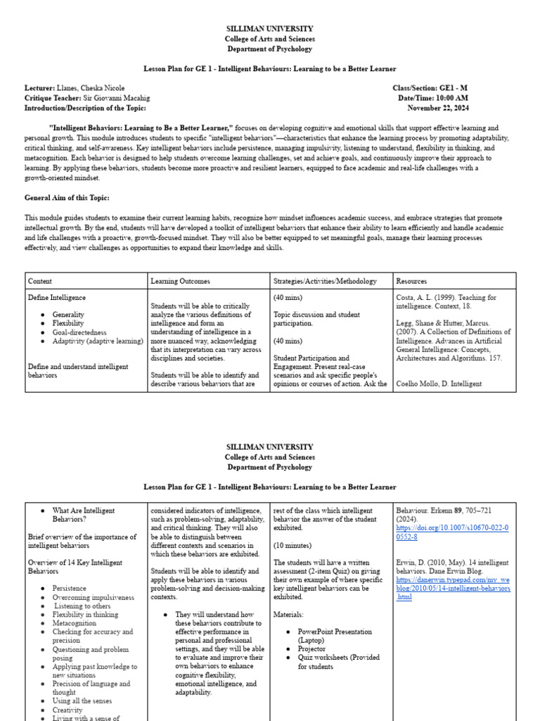 Lesson Plan (1) | PDF | Learning | Intelligence